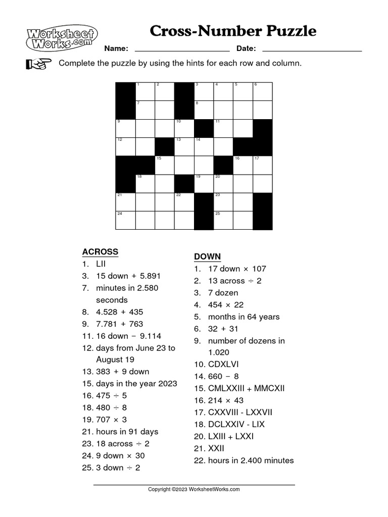 WorksheetWorks CrossNumber Puzzle 1 (2) | PDF