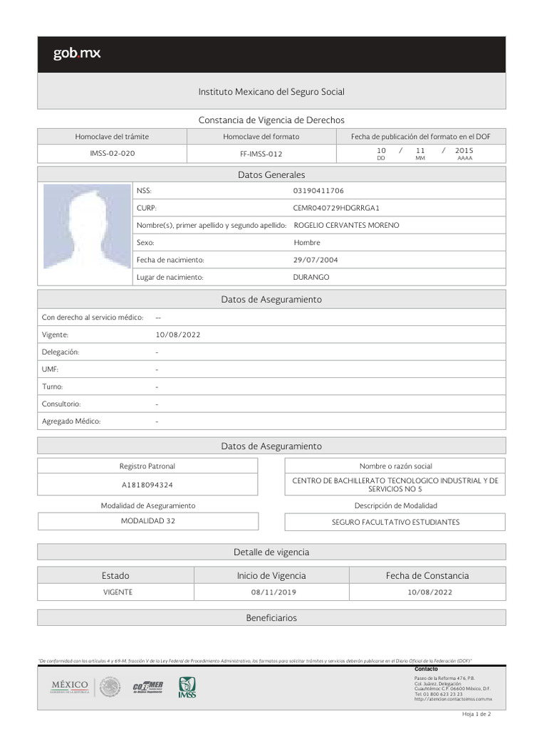 Comprobante Vigencia Derechos 03190411706 | PDF | México | Gobierno
