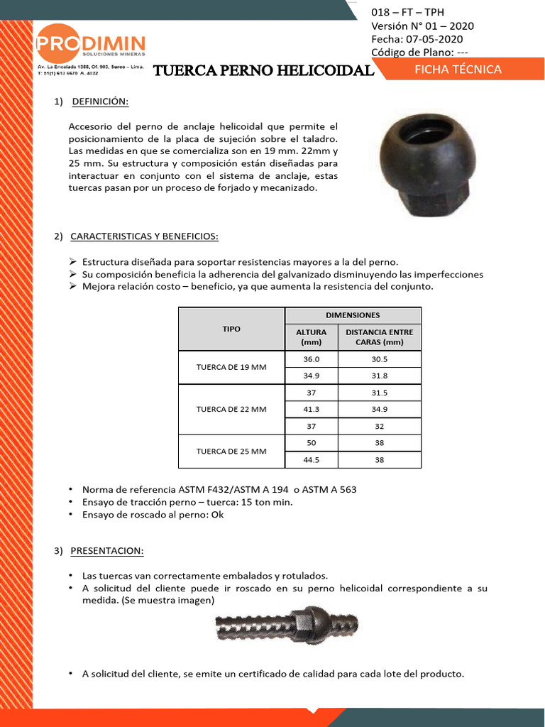 Ficha Tecnica - TUERCA PERNO HELICOIDAL | PDF