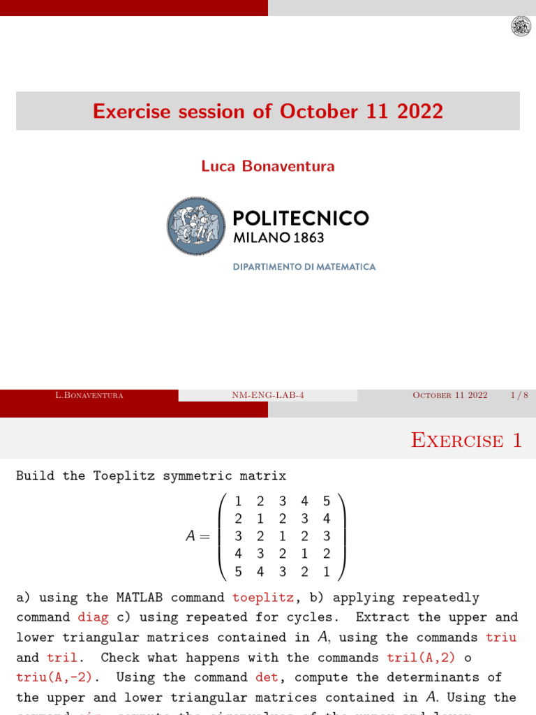 4 Exercises on matrix construction, linear systems solution and LU factorization | PDF