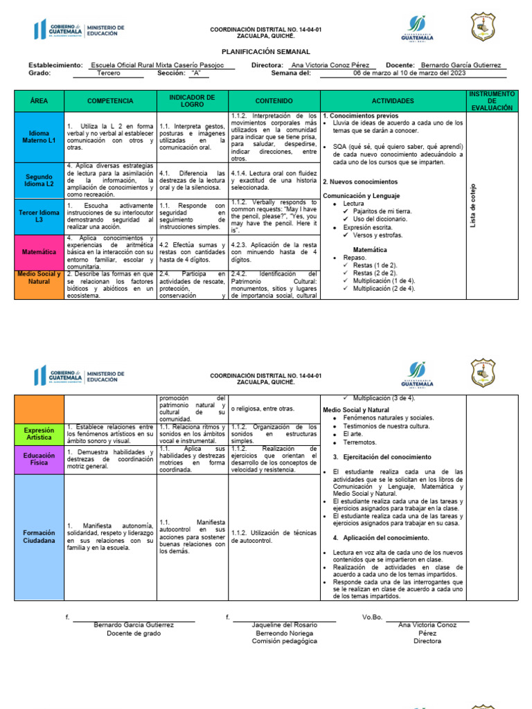 Planificación Semanal Escuela Tercero | PDF