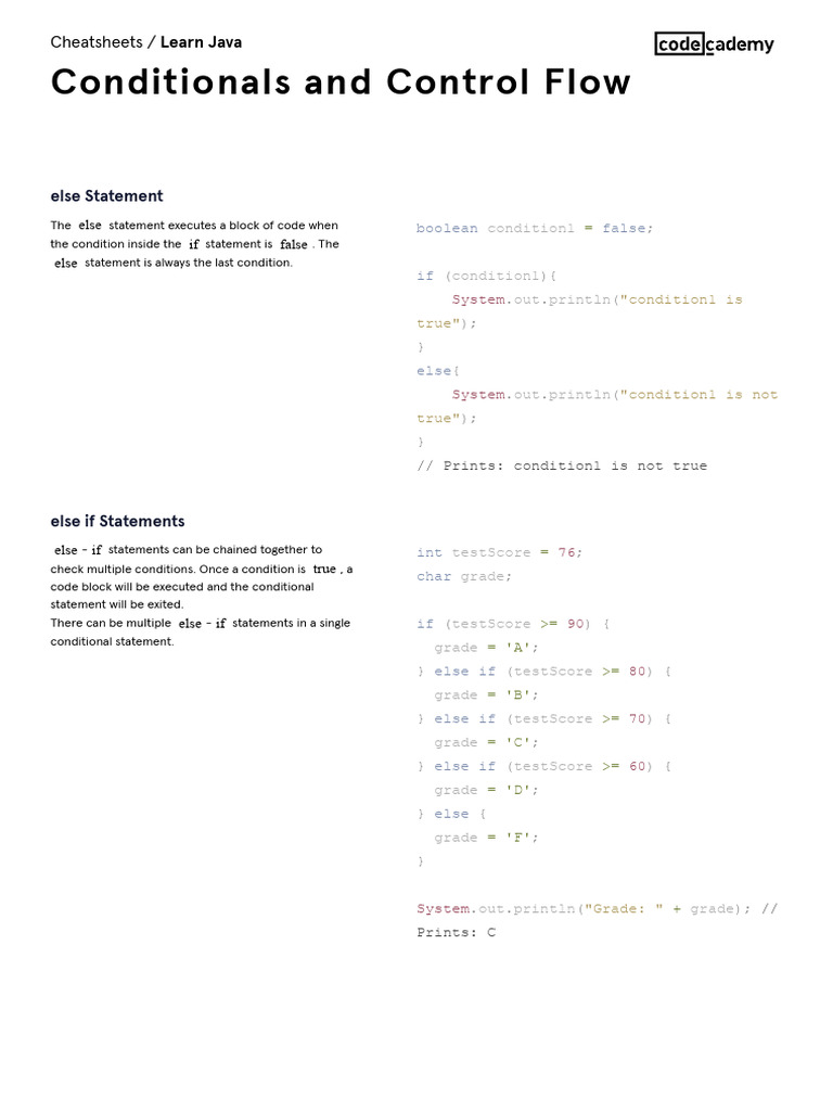 Learn Java - Conditionals and Control Flow Cheatsheet - Codecademy | PDF
