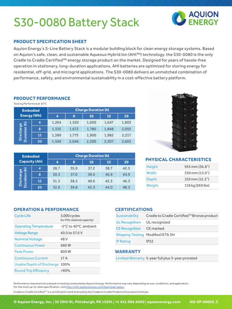 Aquion Energy S30-0080 Product Specification Sheet | PDF