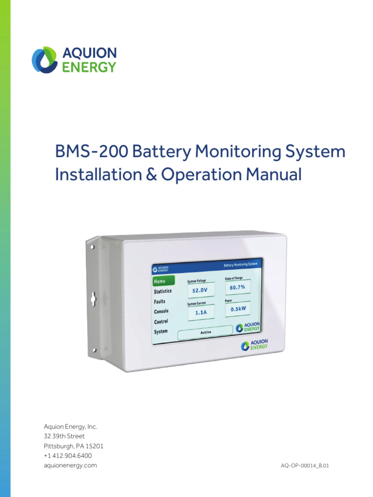 Aquion Energy BMS-200 Installation Operation Manual | PDF
