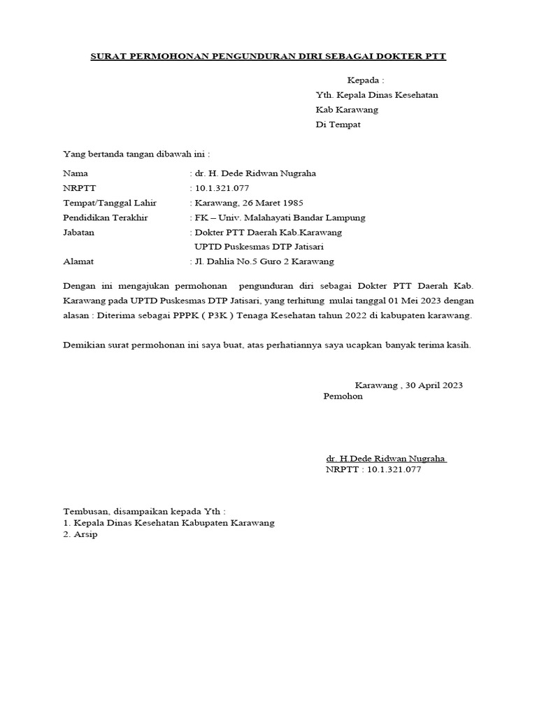 Permohonan Pengunduran Diri Sebagai Dokter PTT DR Dede | PDF