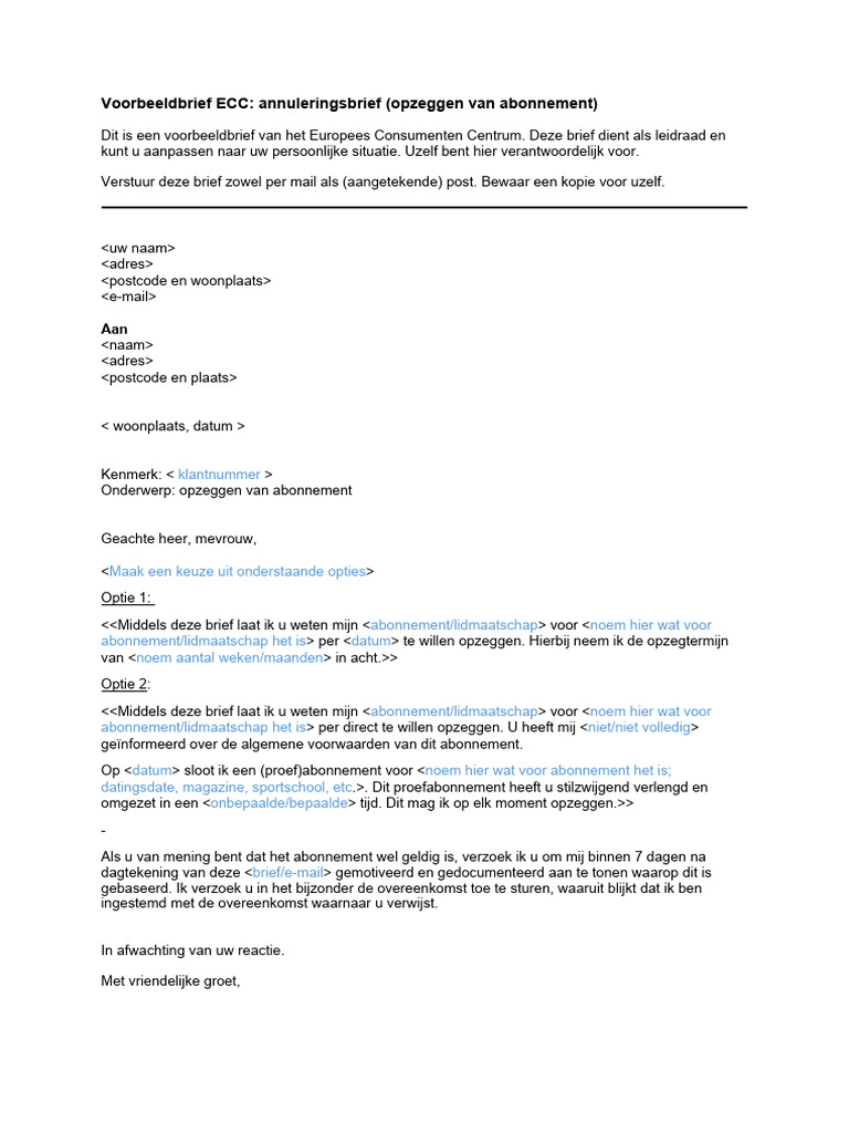 Voorbeeldbrief ECC - Koop Op Afstand - Opzeggen Abonnement | PDF
