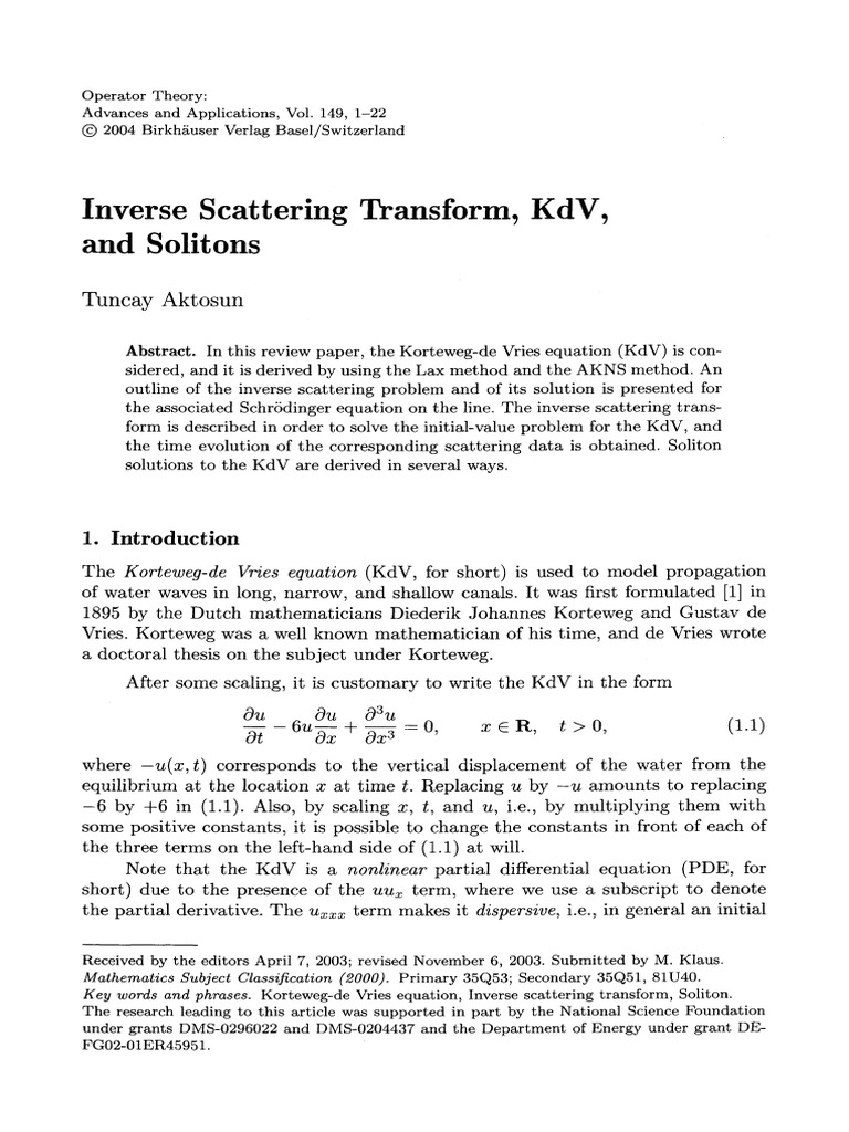 Inverse Scattering Transform, KDV, and Solitons: Tuncay Aktosun | PDF | Soliton | Partial ...