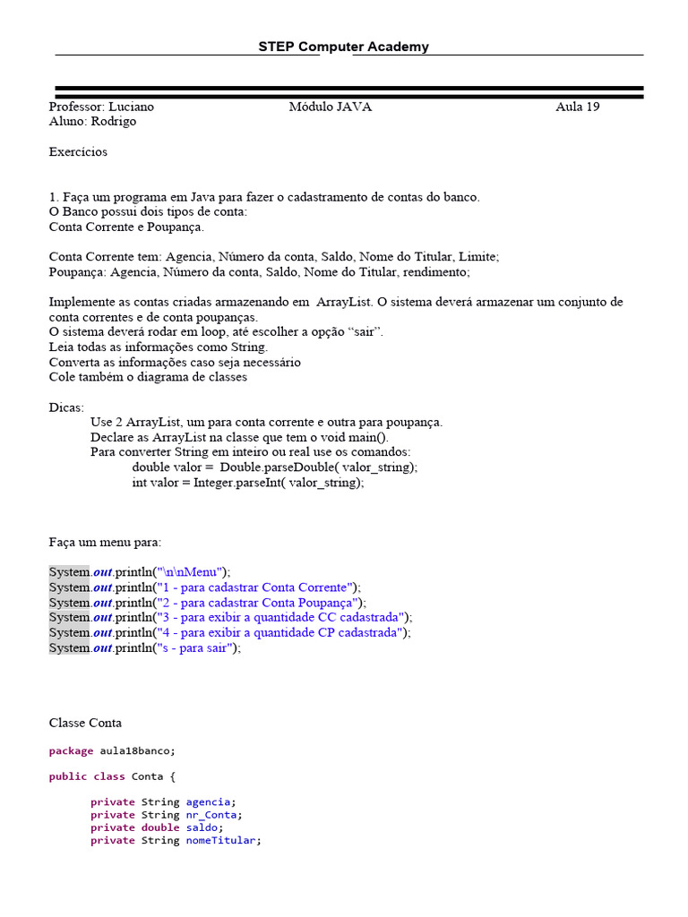 Java Aula 19 - Exercício SistemaBanco Array v1 | PDF