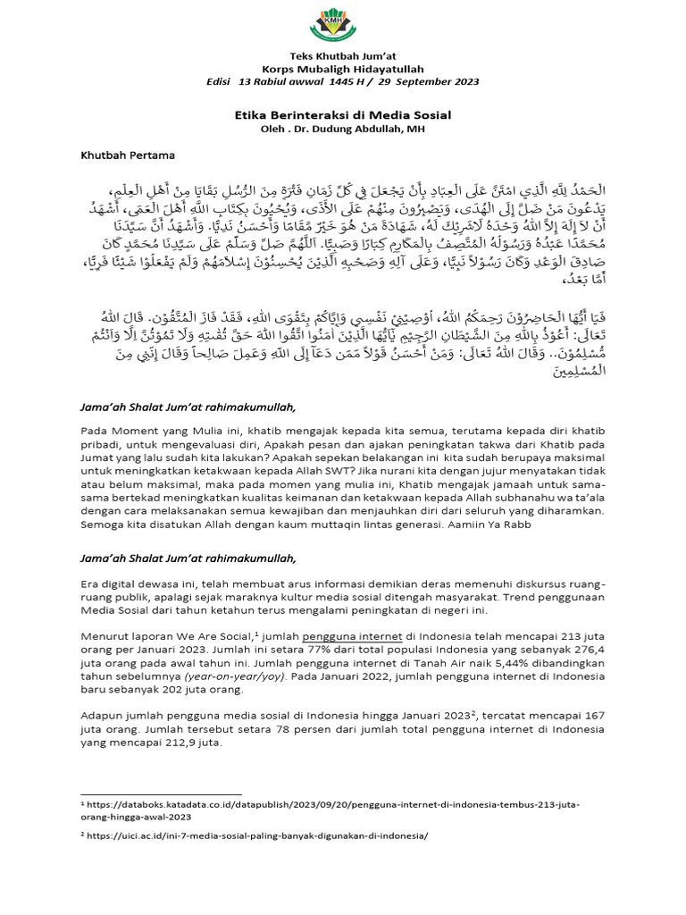 Khutbah Jumat KMH Dr. Dudung Abdullah | PDF