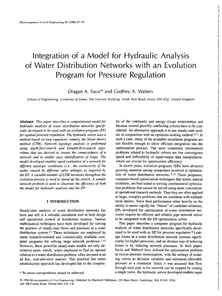 Integration Of A Model For Hydraulic Analysis Of Water Distribution Networks Pdf