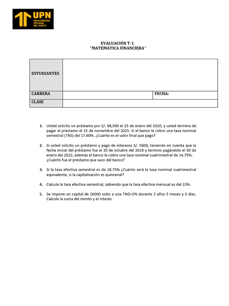 T1 - Matemática Financiera | PDF