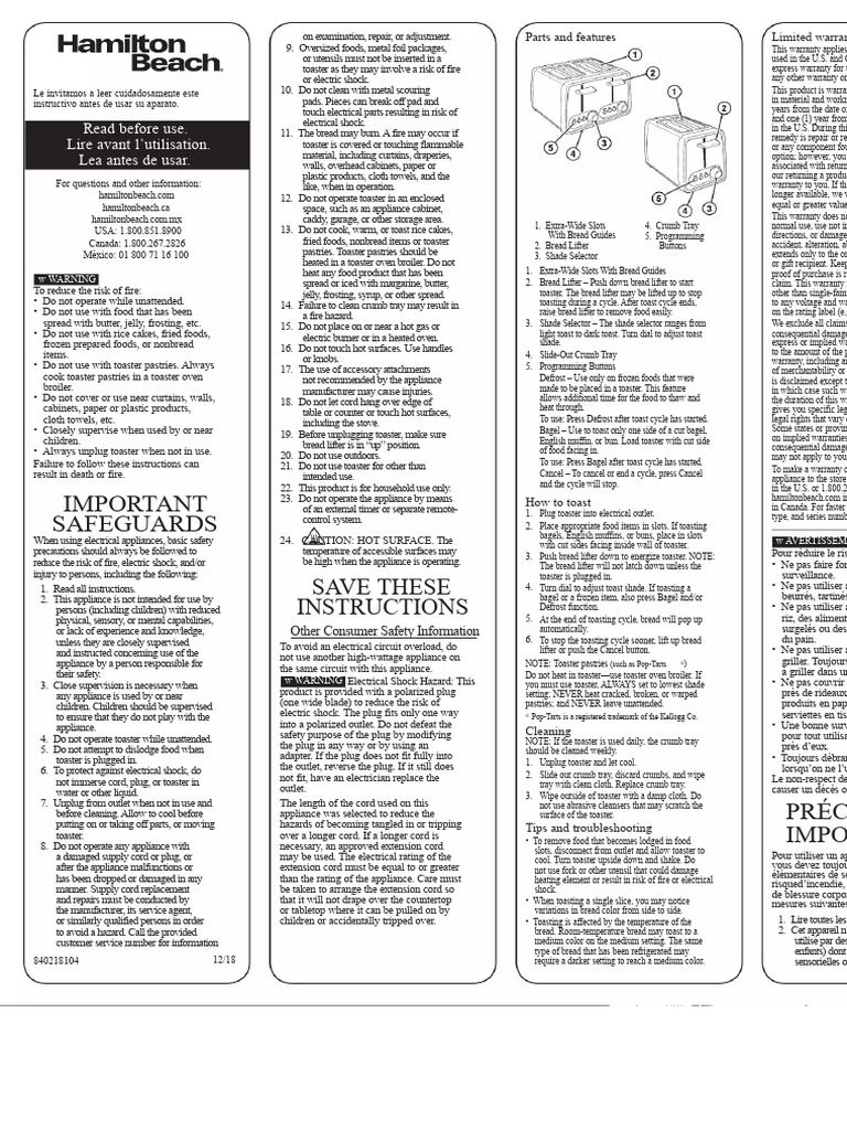 User manual Hamilton Beach 22785 (English - 2 pages) | PDF