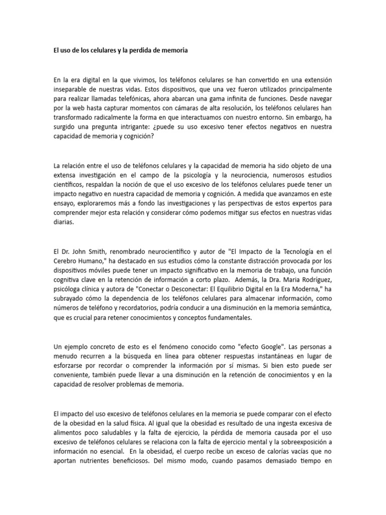 El Uso de Los Celulares y La Perdida de Memoria | Descargar gratis PDF ... El Uso de Los Celulares y La Perdida de Memoria | Descargar gratis PDF ...