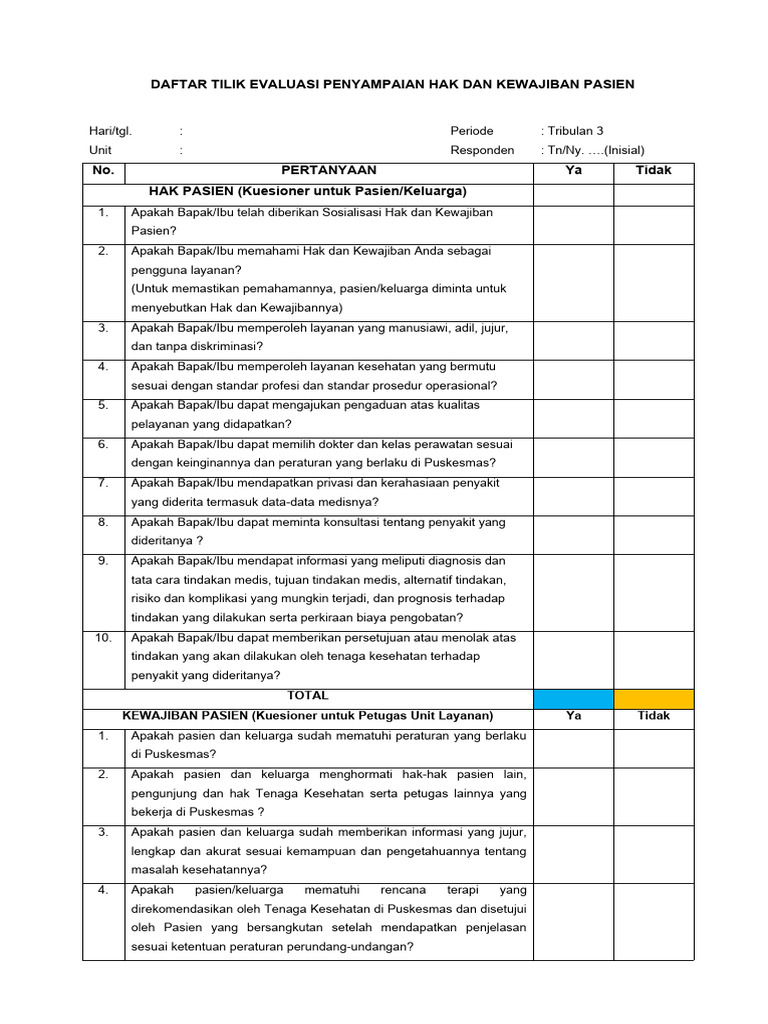 Daftar Tilik Evaluasi Penyampaian Hak Dan Kewajiban Pasien | PDF