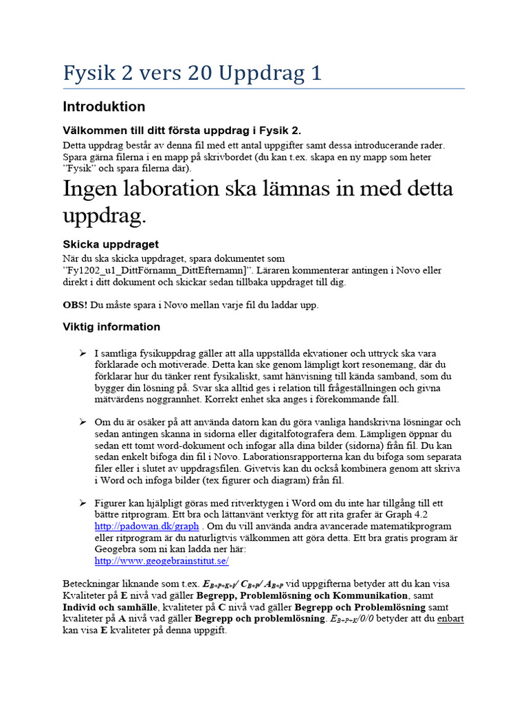 Fysik 2 vers 20 Uppdrag 1 (1) | PDF