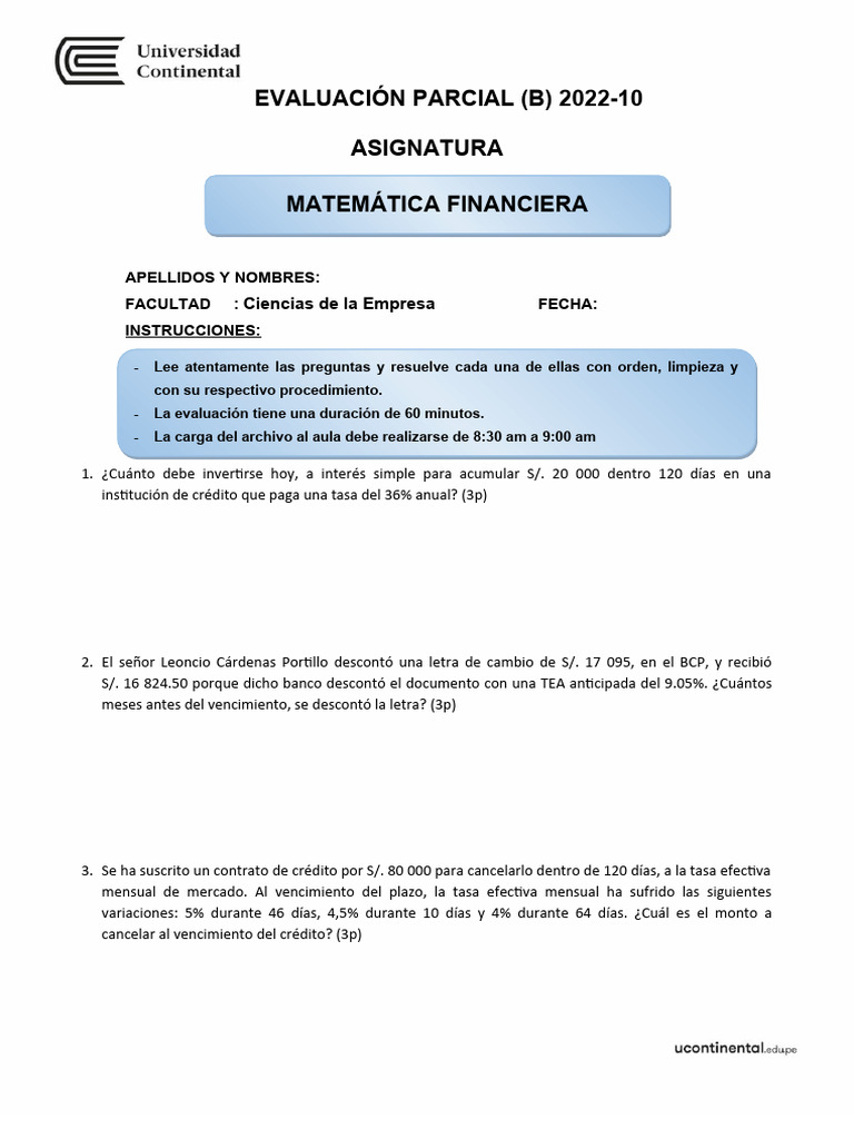 Evaluación Matemática Financiera | PDF