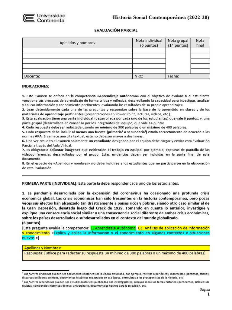 HSC Evaluación Parcial (2022-20) | PDF