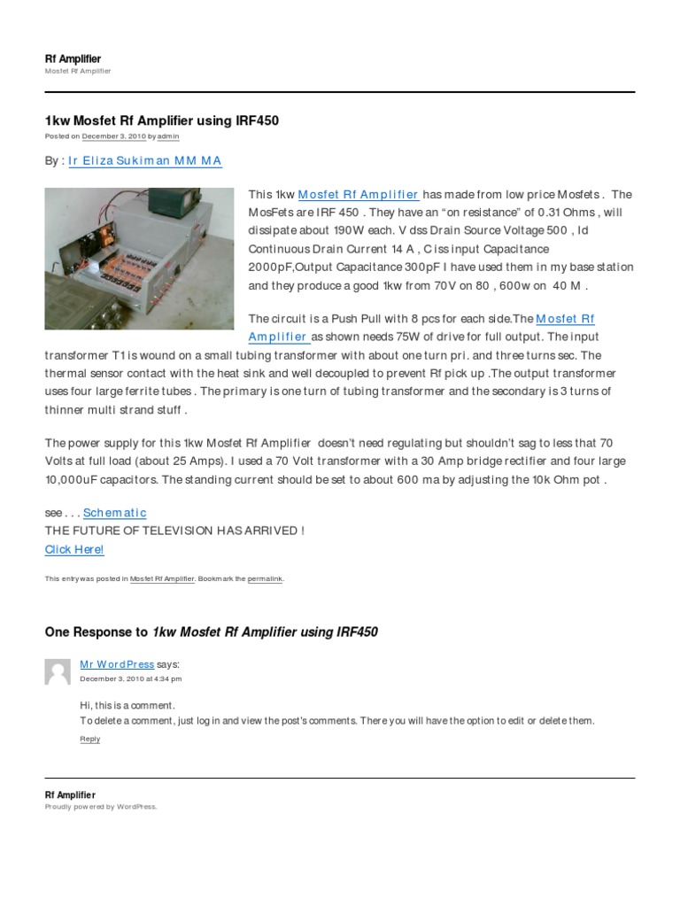 1kw Mosfet RF Amplifier Using IRF450 - RF Amplifier | PDF