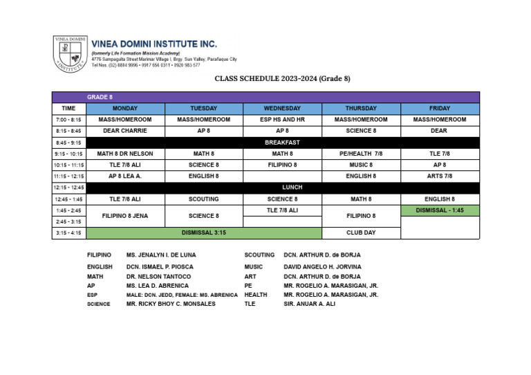 Grage 8 VINEA CLASS SCHEDULE 2023 2024 1 | PDF