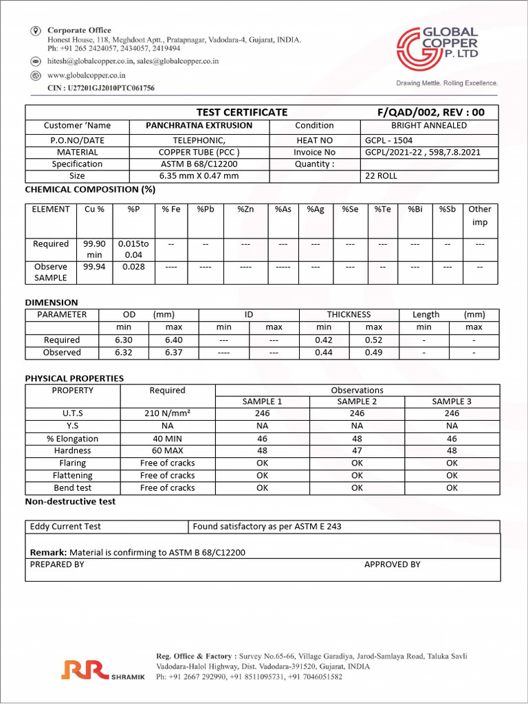 Copper Tube Test Certificate Summary | PDF | Pipe (Fluid Conveyance ...