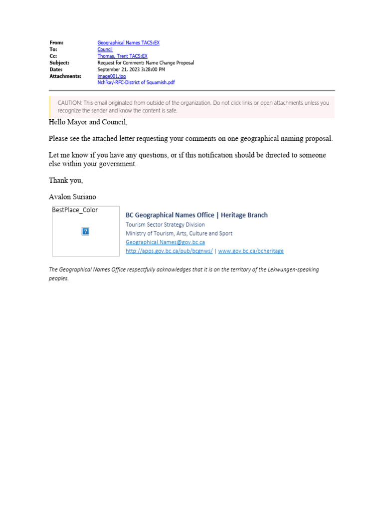 T. Thomas, BC Geographical Names Office Re Request For Comment Name Change Proposal | PDF