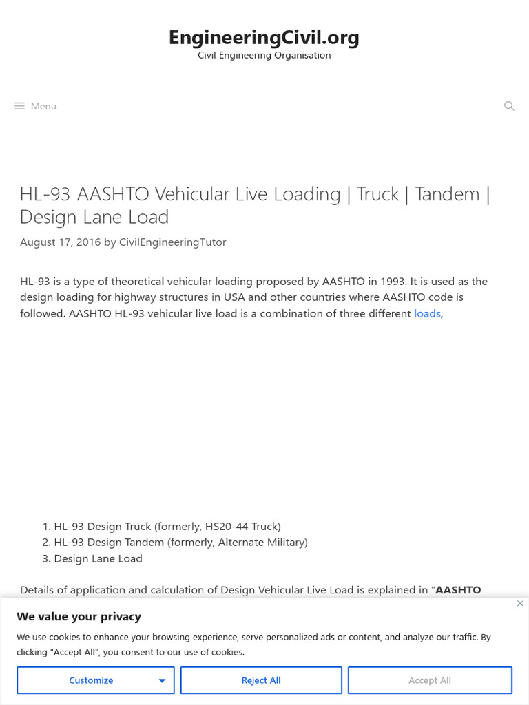 HL-93 AASHTO Vehicular Live Loading - Truck - Tandem - Design Lane Load ...
