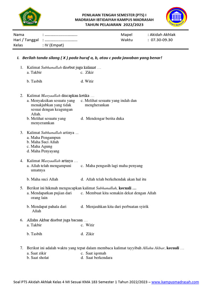 Soal Pts Akidah Akhlak Kelas 4 | PDF