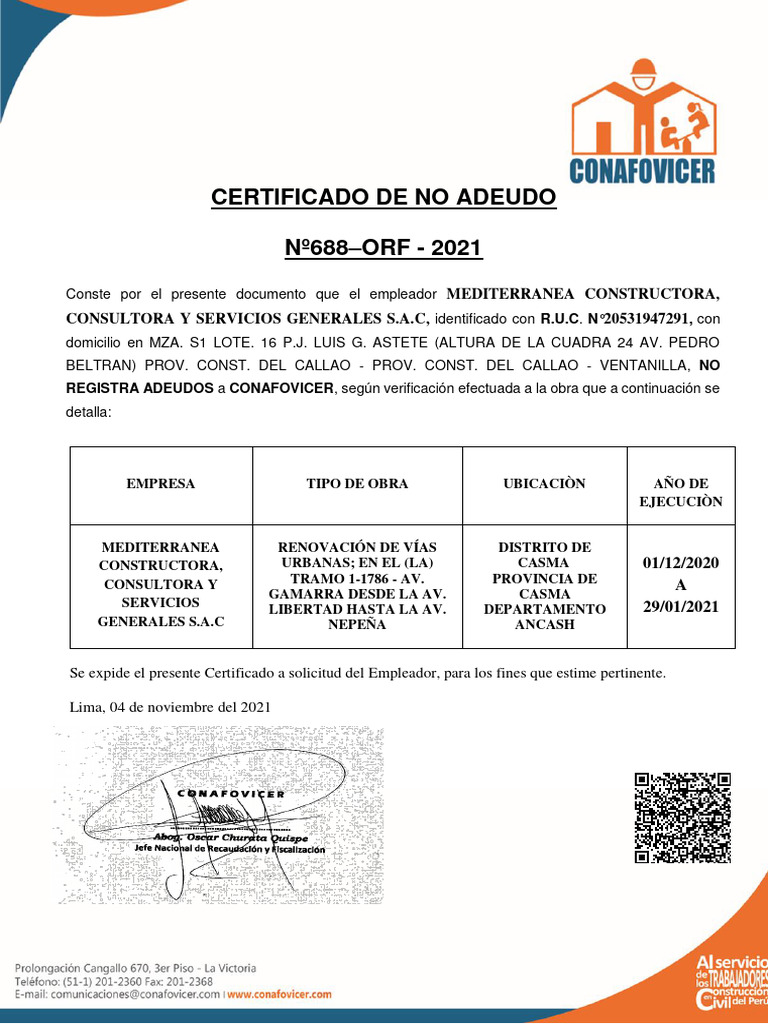 Certificado de No Adeudar 000688 - 20531947291 - Mediterranea Constructora, Consultora y ...