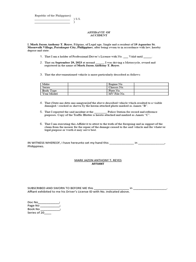 Affidavit of Motorcycle Accident in Philippines | PDF