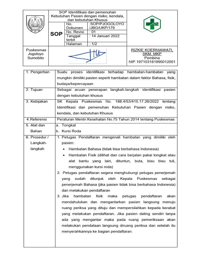 Sop Identifikasi Dan Pemenuhan Kebutuhan Pasien Dengan Resiko, Kendala Dan Kebutuhan Dasar | PDF