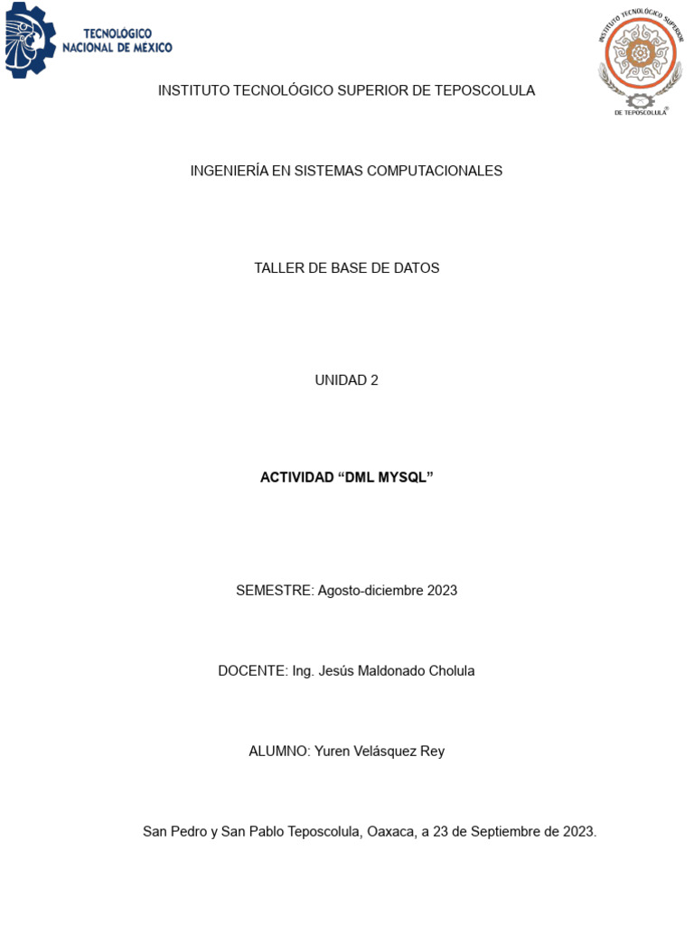ACTIVIDAD "DML MYSQL" - Yuren | PDF | Bases de datos | Mi sql