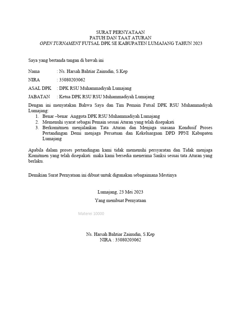 SURAT PERNYATAAN TAAT DAN PATUH ATURAN 007 | PDF