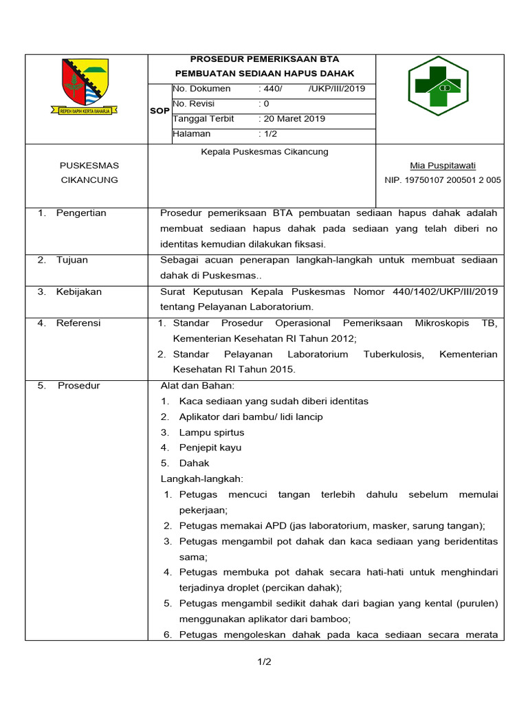 Prosedur Pemeriksaan BTA Dahak | PDF