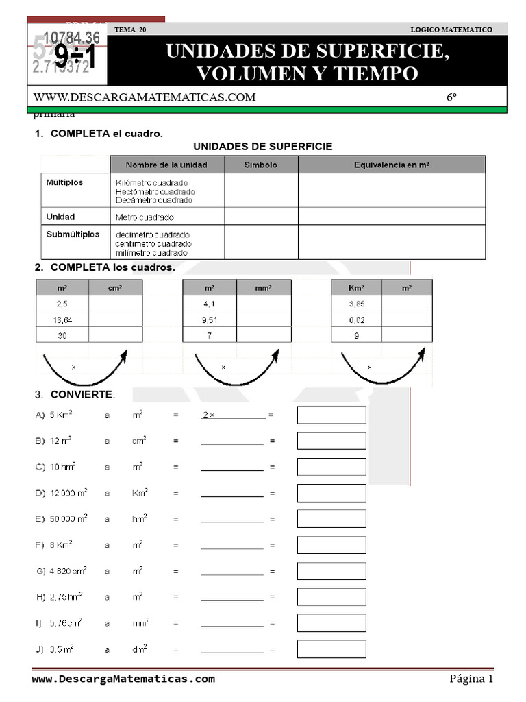 20 Unidades de Superficie Volumen y Tiempo Sexto de Primaria | PDF