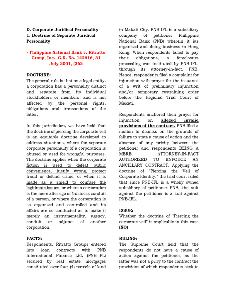 D. Corporate Juridical Personality Case Digest | PDF