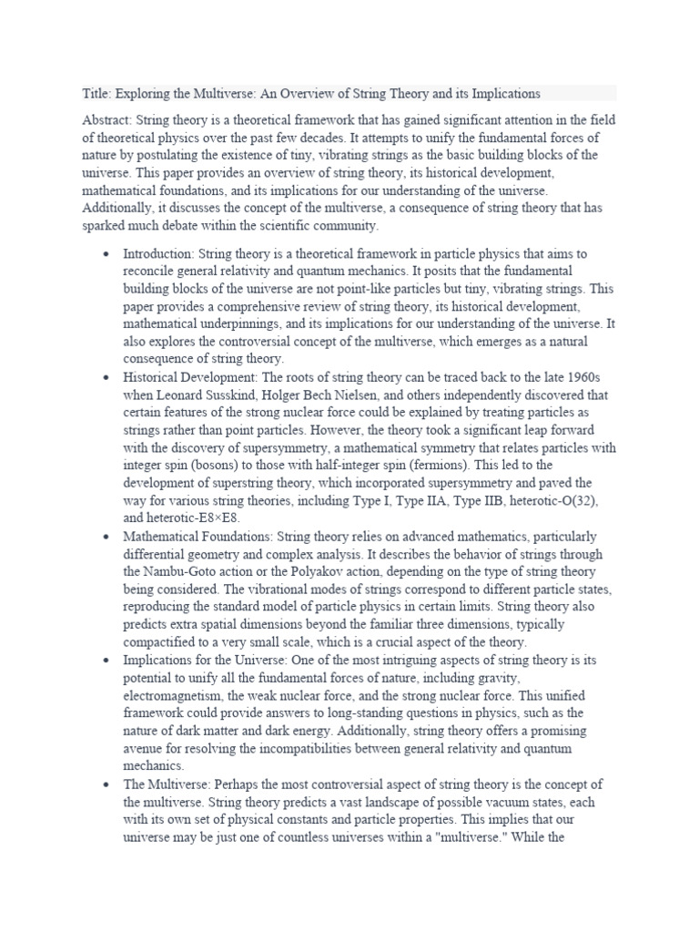 Title Exploring The Multiverse An Overview of String Theory and Its ...