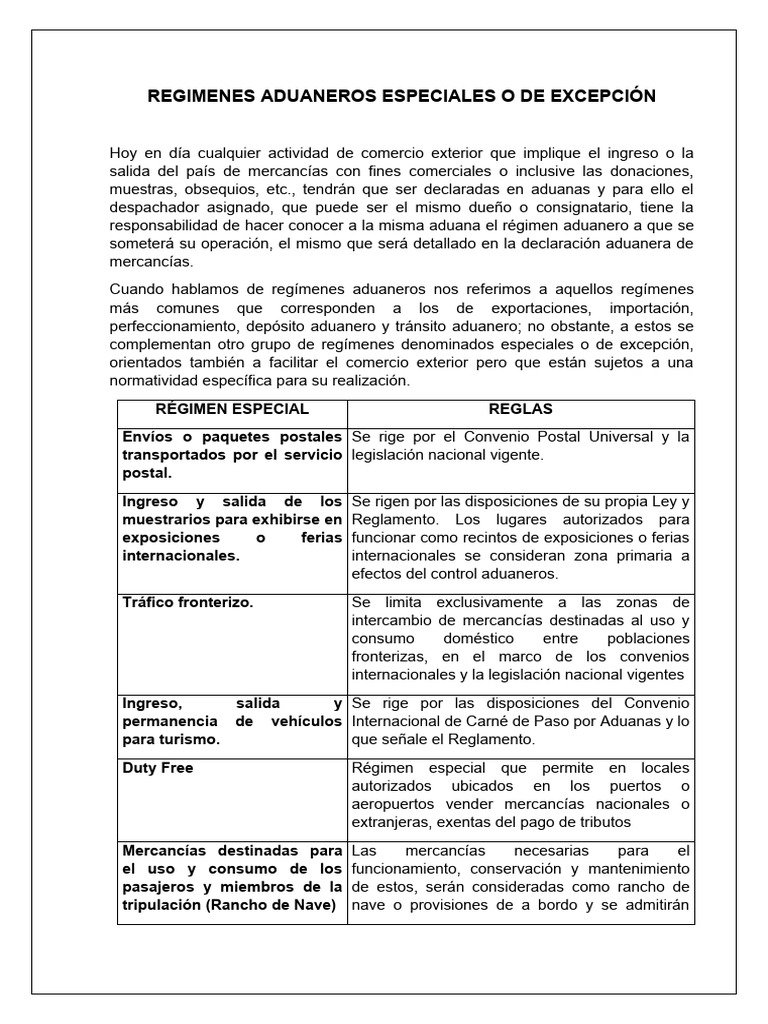 Regimenes Aduaneros Especiales o de Excepcion | PDF | aduana | El comercio internacional