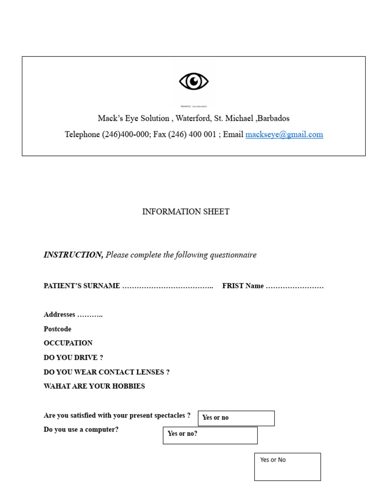 Patient Eye Care Questionnaire | PDF