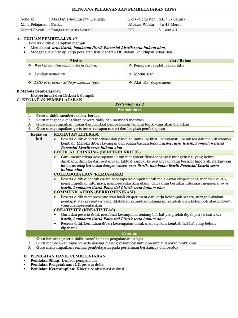 RPP I Fisika Kelas 12 SEM 1 | PDF