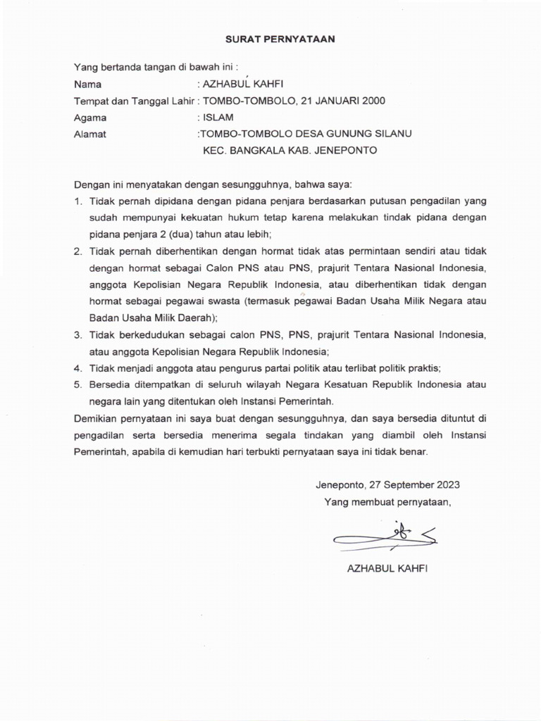 Surat Pernyataan (Anak Lampiran 4) | PDF