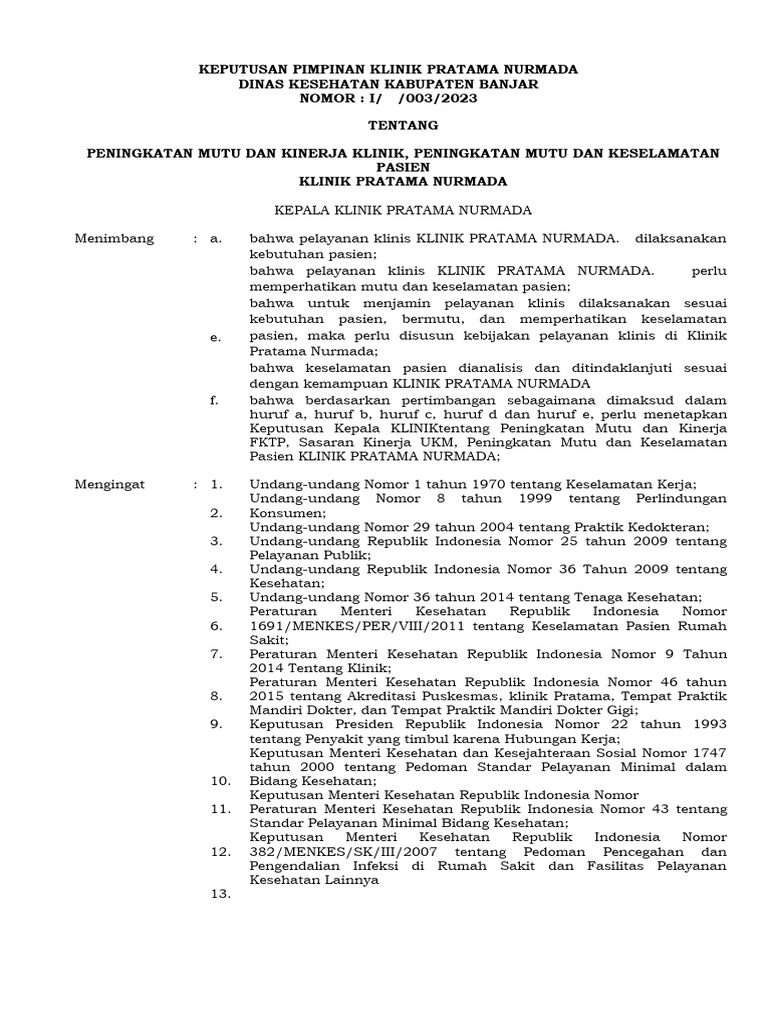 SK Kebijakan Mutu Dan Keselamatan Pasien | PDF