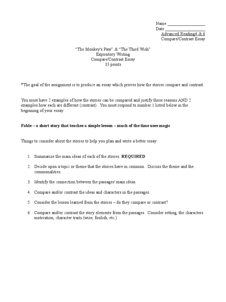 Comparing "The Monkey's Paw" & "The Third Wish" | PDF | Language Arts ...