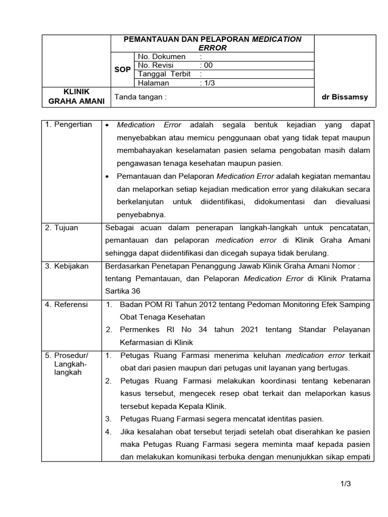 SOP Pemantauan Dan Pelaporan Medication Error | PDF