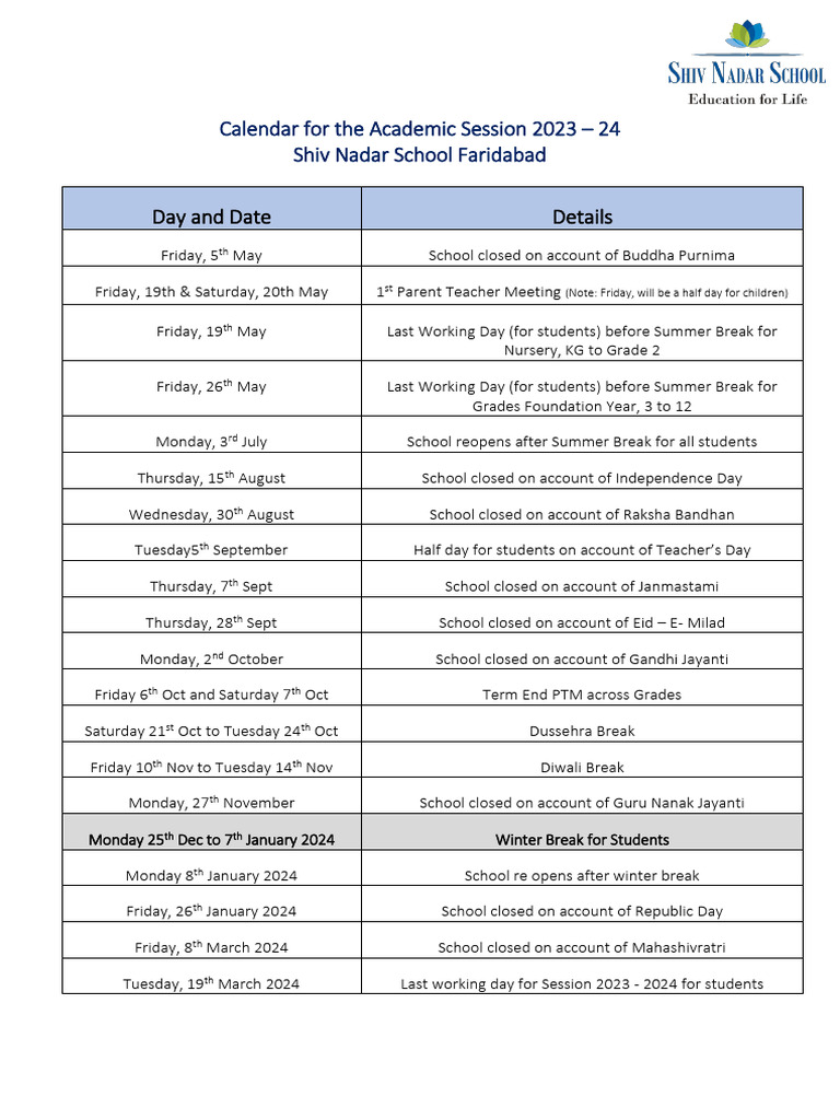Calendar for the Academic Session 2023 – 24 (Shiv Nadar School Faridabad) | PDF