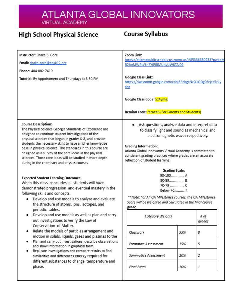 Shayne Evans - High School Physical Science_ AGI Syllabus | PDF