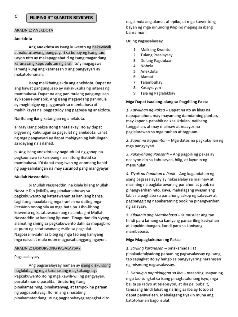 Filipino Q3 Reviewer | PDF