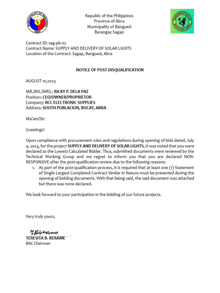 Notice of Post-Disqualification for Bids | PDF