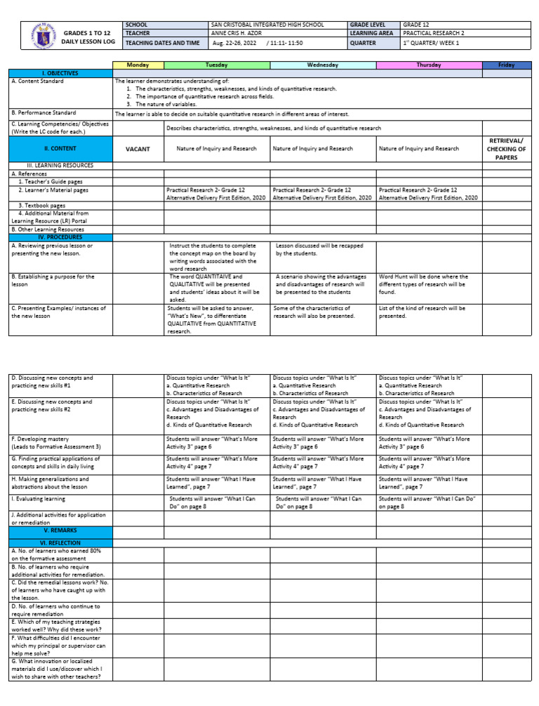 2nd Q-2022-2023 PR2 DLL - Week 1 | PDF | Learning | Neuroscience