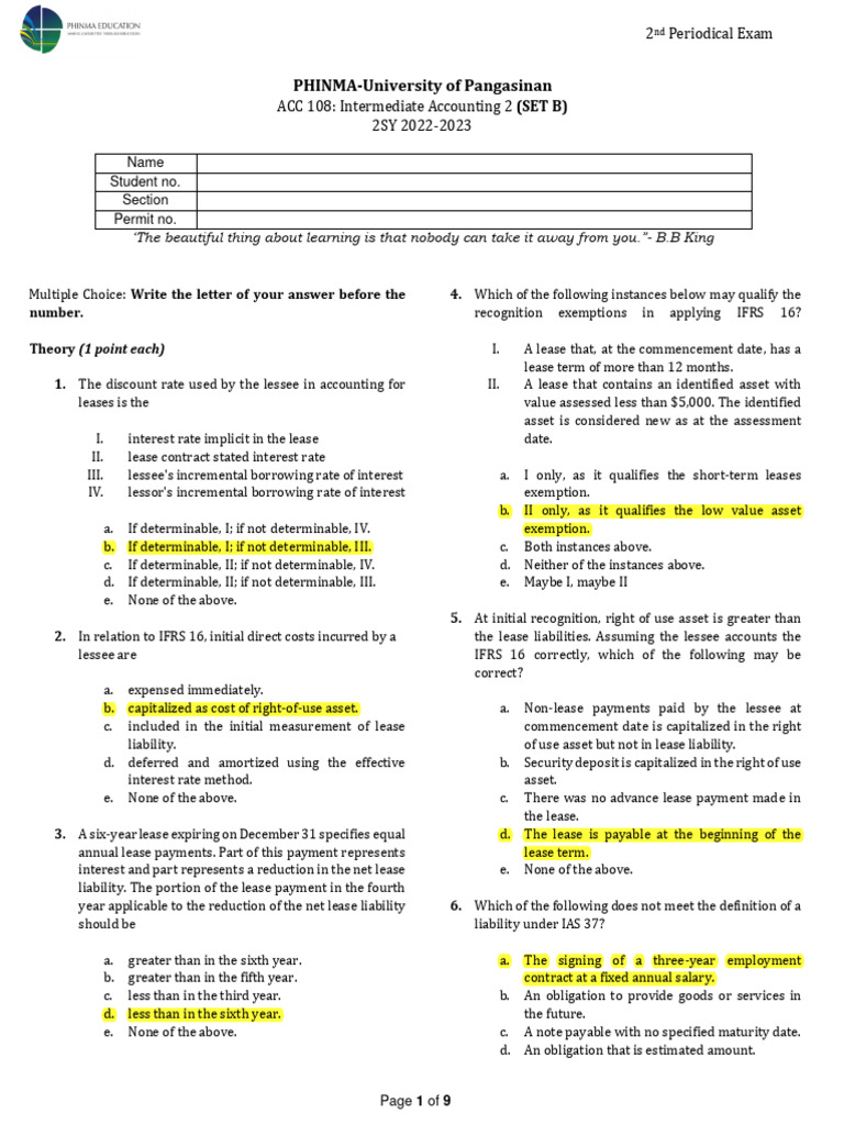 ACC 108_P2 EXAM For Printing (SET B) answer key | PDF