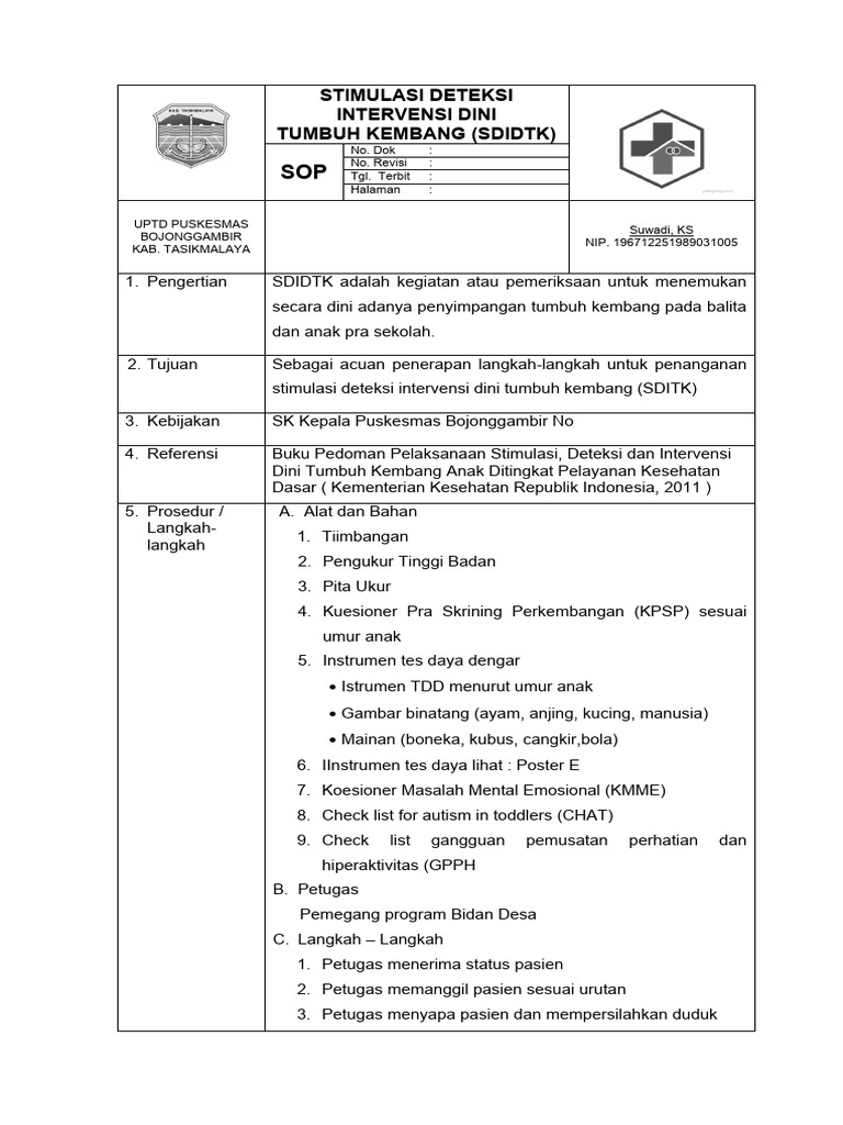 Sop Stimulasi Deteksi Intervensi Dini Tumbuh Kembang (Sdidtk) | PDF